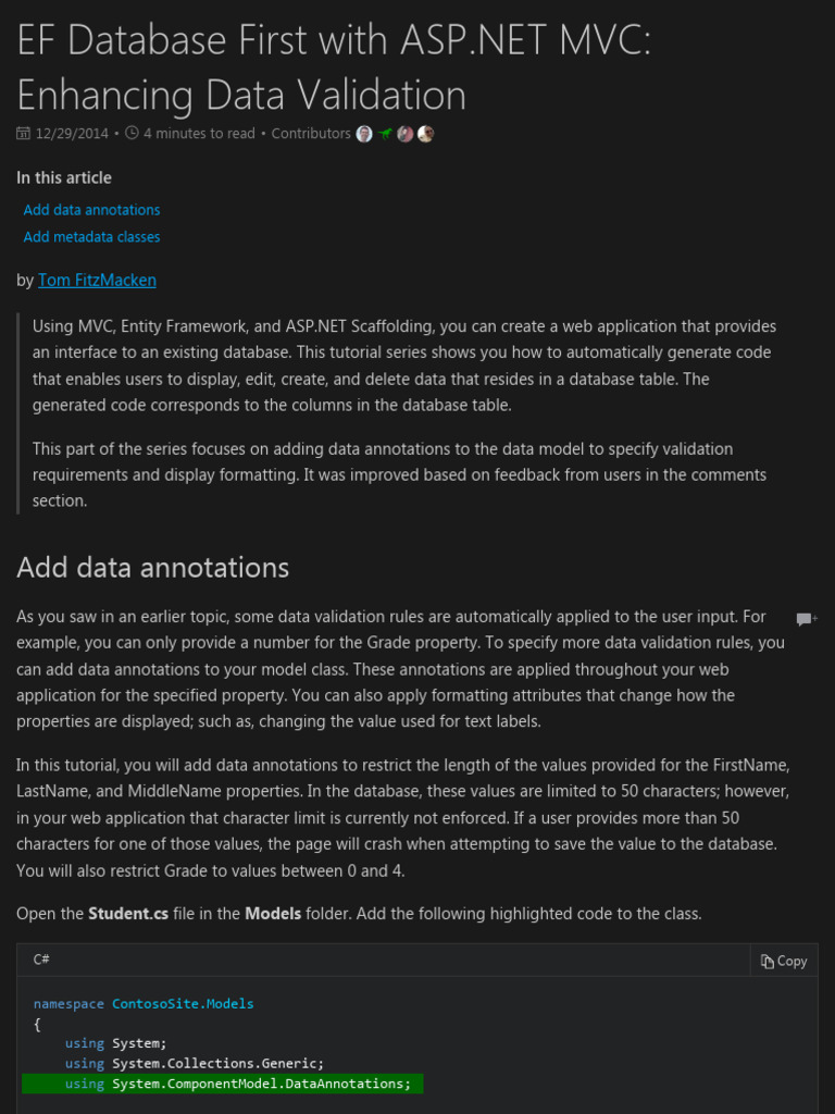 EF Database First With ASP.net MVC_ Enhancing Data Validation _ Microsoft Docs | PDF | Computer ...