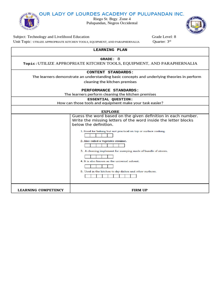 Learning Plan in TLE 8 3rd Quarter.docx | PDF | Teaspoon | Tablespoon