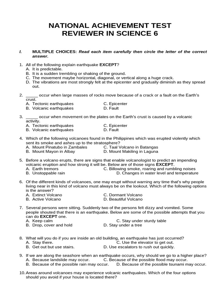 Science 6 National Achievement Test Reviewer | PDF | Planets | Volcano