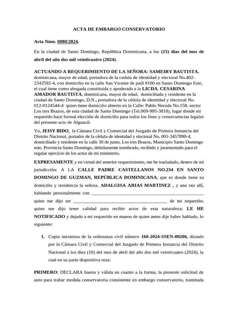 Acta de Embargo Conservatorio | PDF | Demanda judicial | República ...