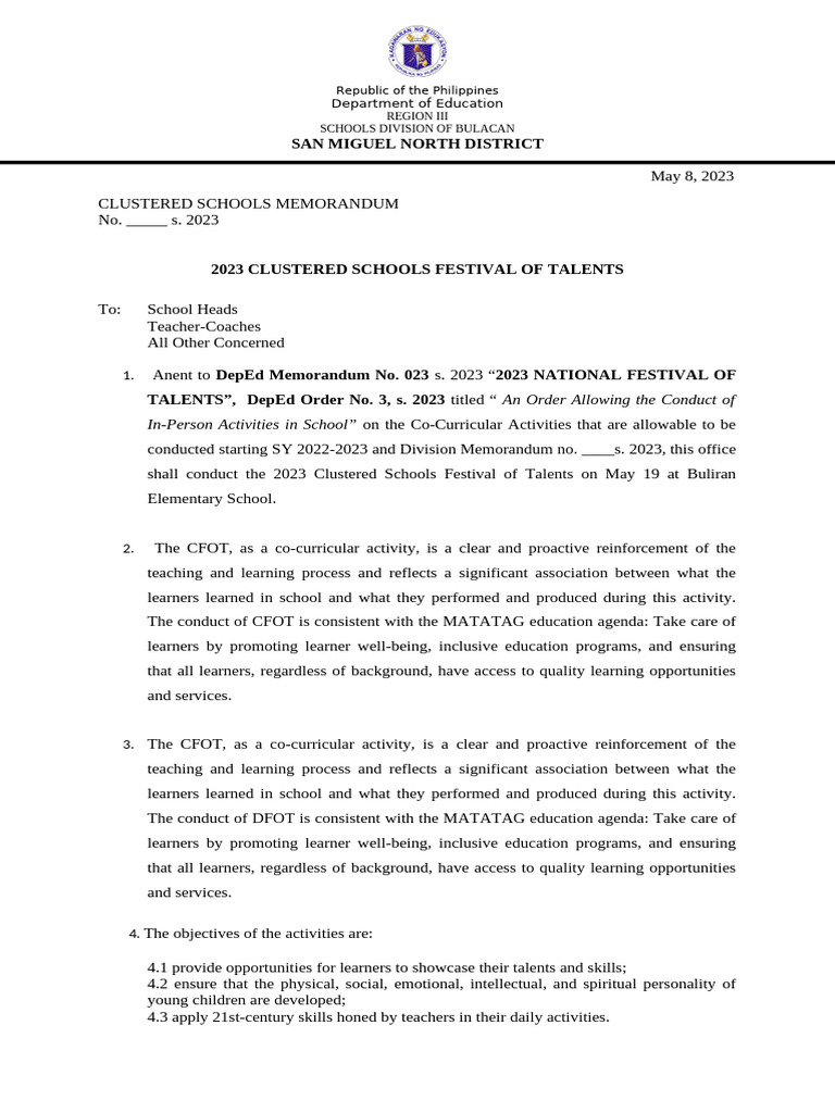 2023 DFOT Clustered Schools Memo With FOLK DANCE. | PDF