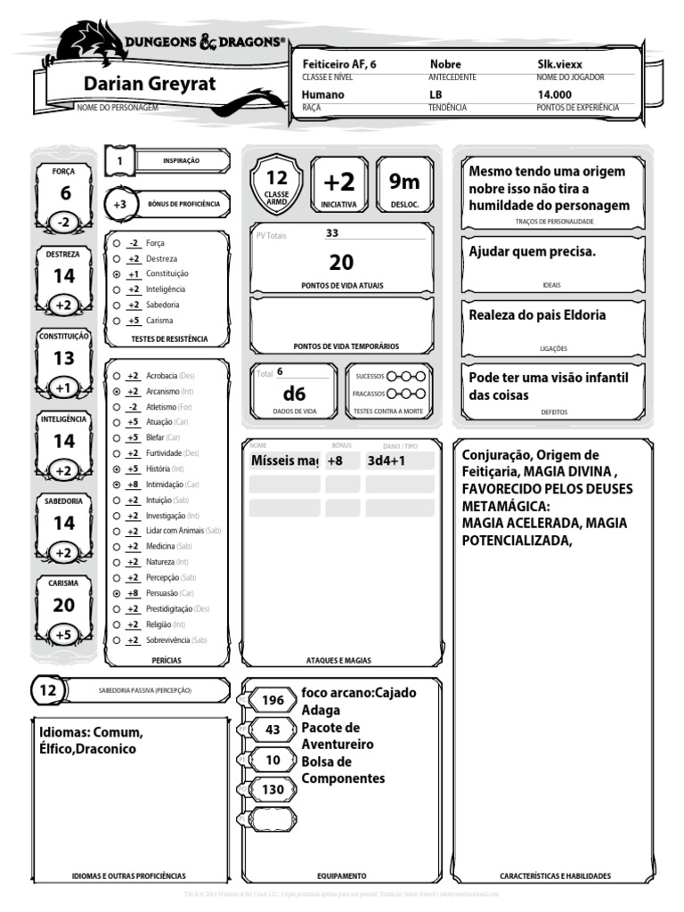 Ficha de Pensonagem Feiticeiro | PDF