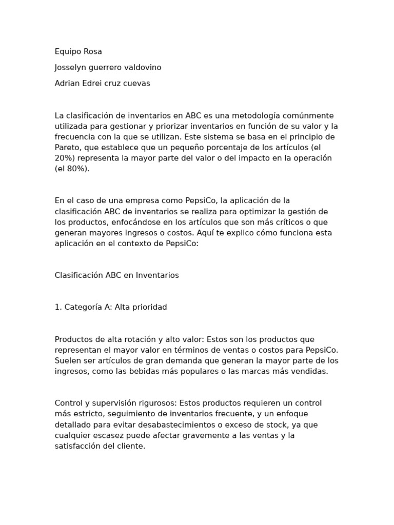 Clasificación ABC en PepsiCo | PDF | Pepsi Co | Cadena de suministro