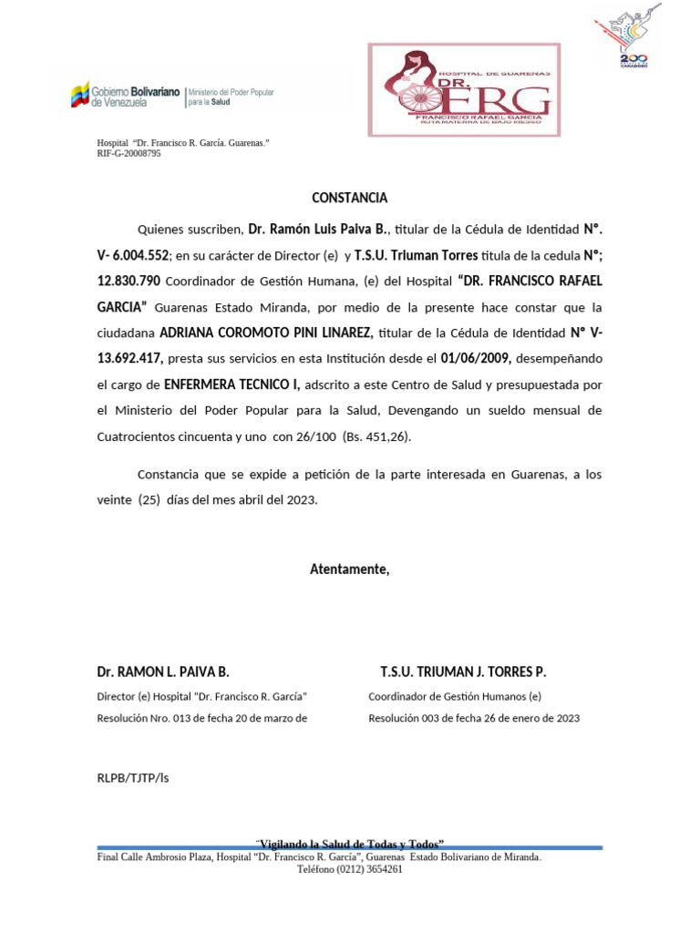 Constancia de Trabajo Enfermera Guarenas | PDF