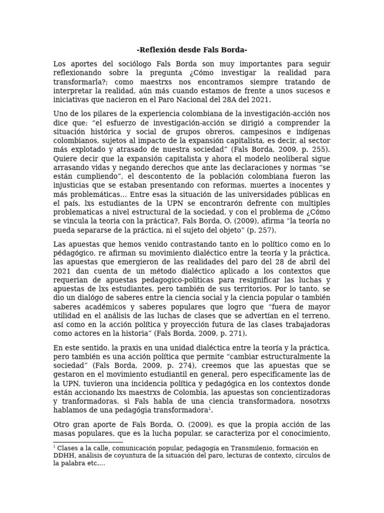 Reflexión Fals Borda | PDF | Experiencia | Pedagogía
