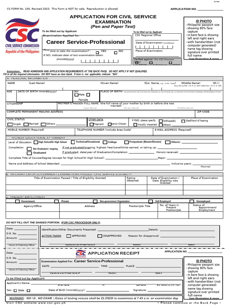 Annex A1 - CS Form 100 - Revised 2023 - Word | PDF | Identity Document