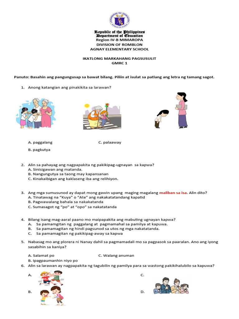 PT Q3 Grade 1 Matatag GMRC 1 + Tos | PDF