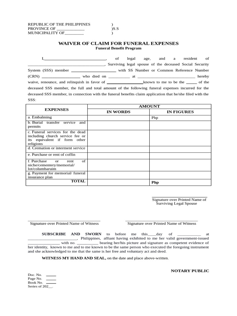 SSS Funeral Expense Waiver Form | PDF | Funeral | Burial