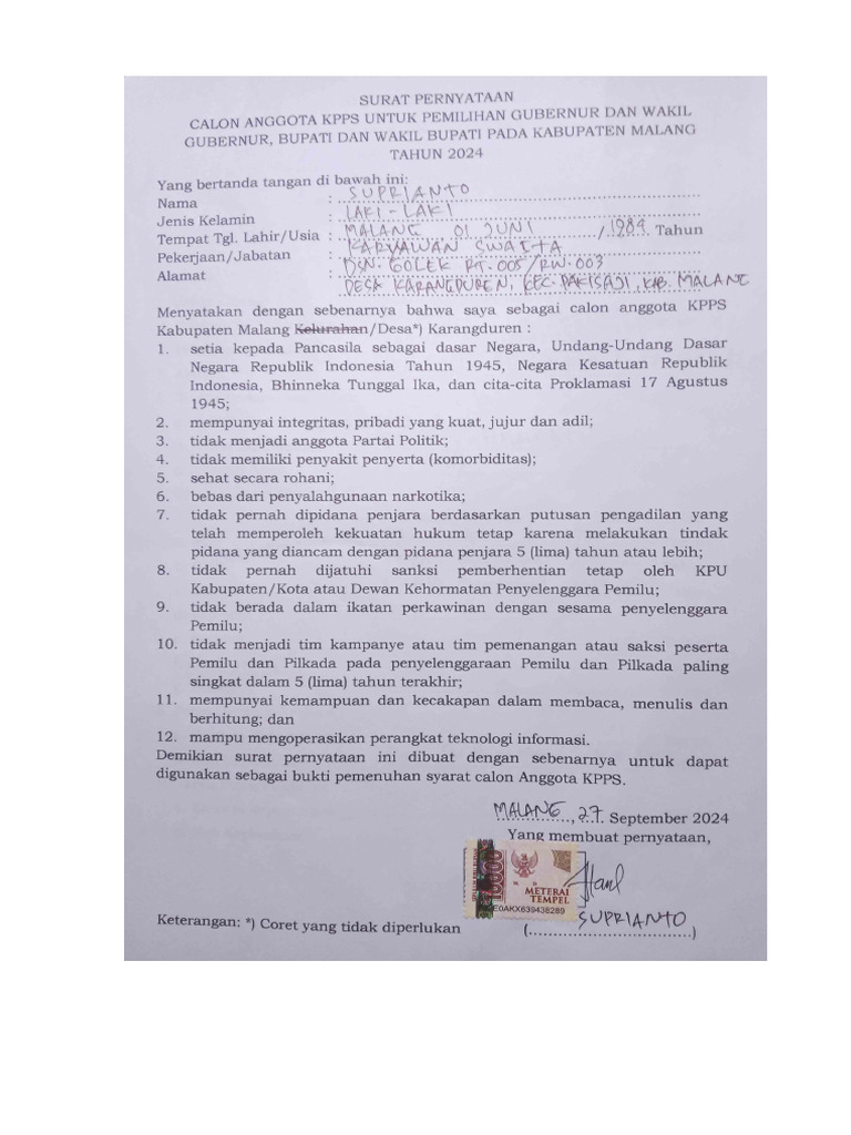 Suprianto - Surat Pernyataan | PDF