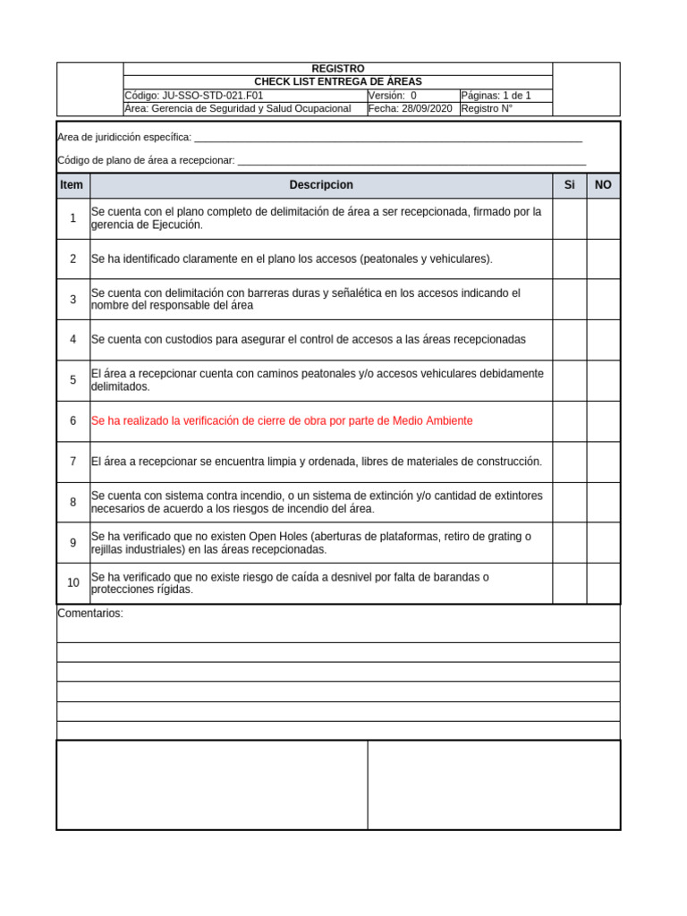 Check List para Entrega de Áreas Seguridad | PDF