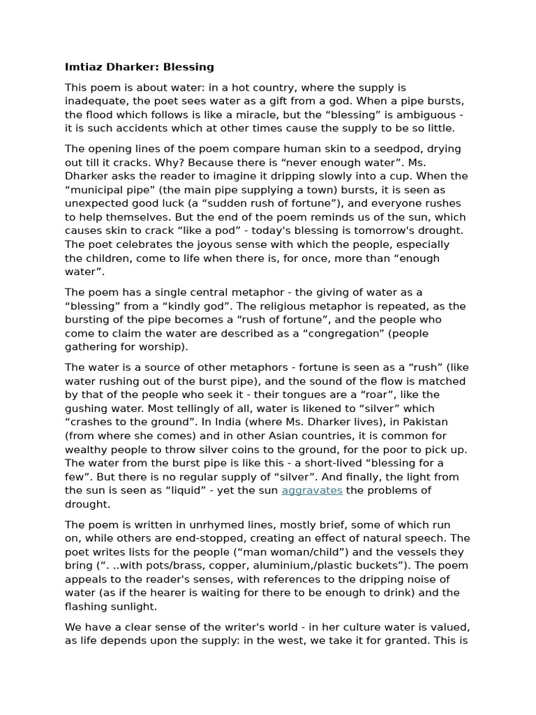 Analysis of Imtiaz Dharker's "Blessing" | PDF