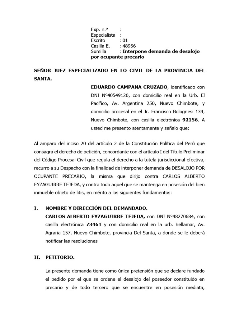 Demanda Corregida Desalojo | PDF | Demanda judicial | Propiedad