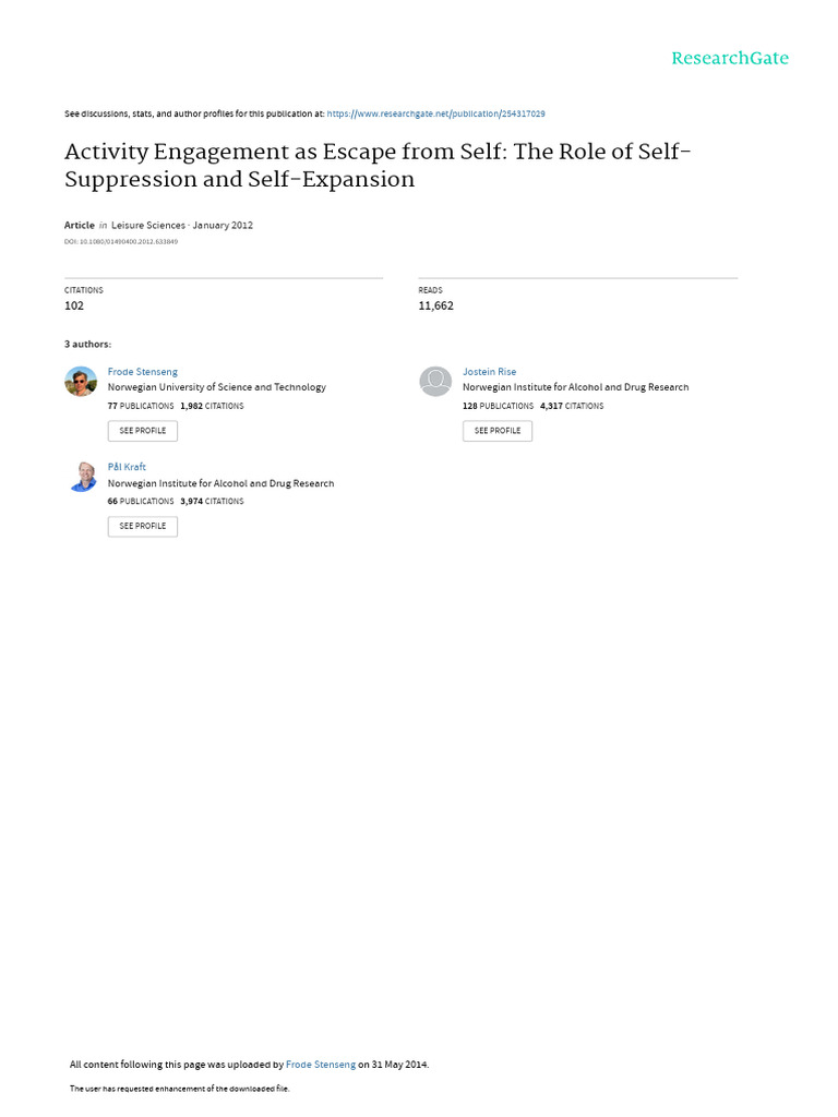 The ESCAPISM SCALE Activity Engagement As Escape From Self - The Role ...