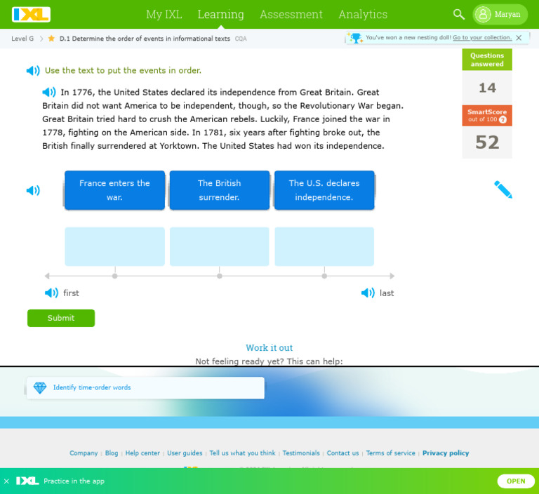 IXL Determine The Order of Events in Informational Texts Level G Language Arts | PDF