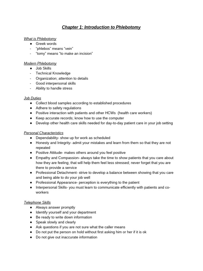 Phlebotomy Chapter 1-4 Notes | PDF | Pathology | Infection