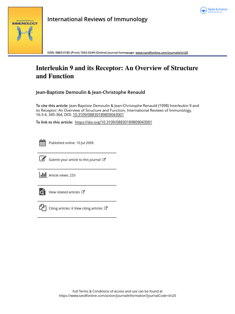 Interleukin 9 and Its Receptor An Overview of Structure and Function ...