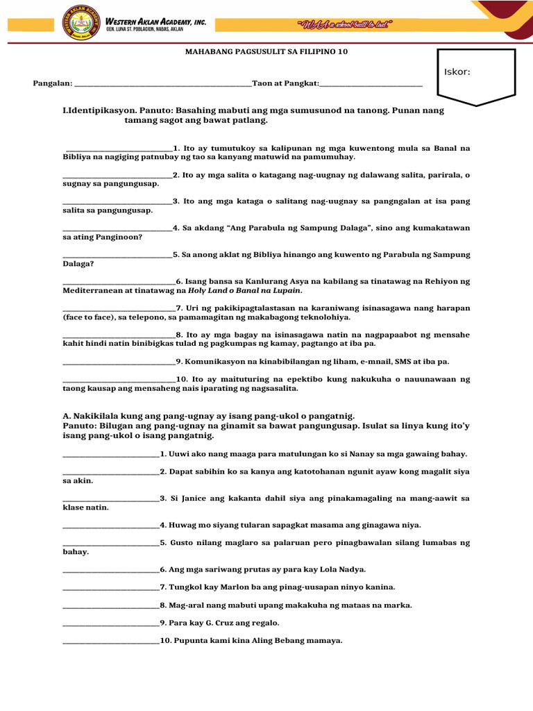 MAHABANG PAGSUSULIT SA FILIPINO 10 2nd quiz | PDF