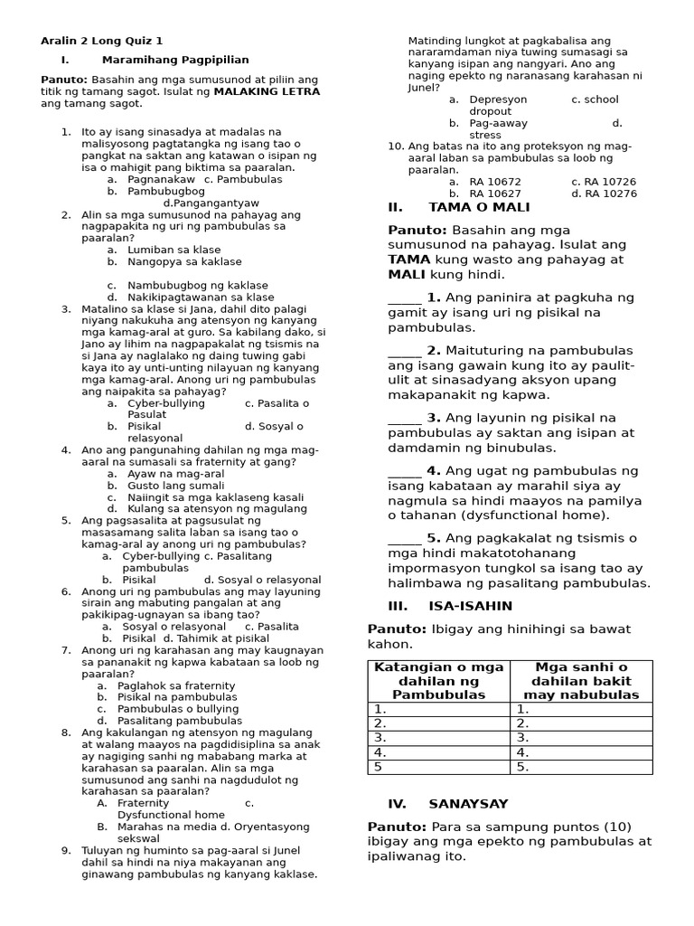 Aralin 2 Long Quiz 1 | PDF