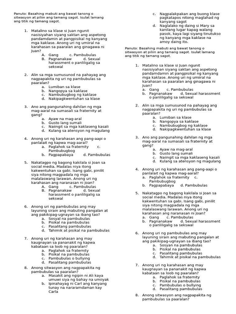 Paunang Pagsusulit-Pambubulas | PDF