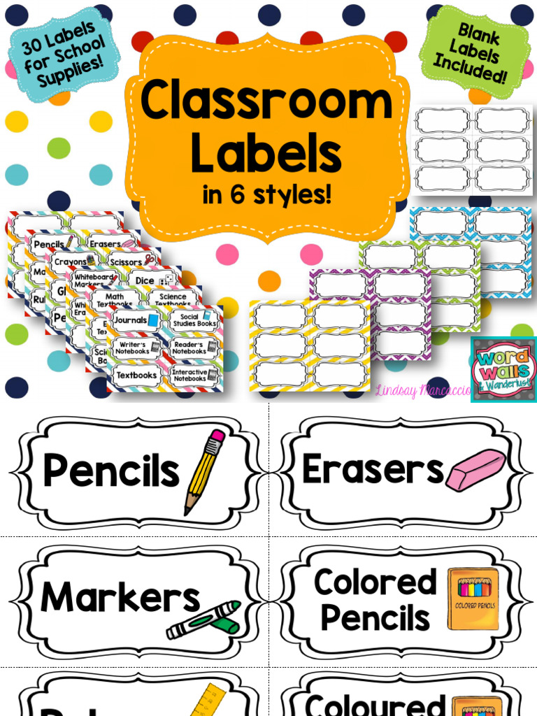 Classroom Labels: in 6 Styles! | PDF | Pencil | Notebook