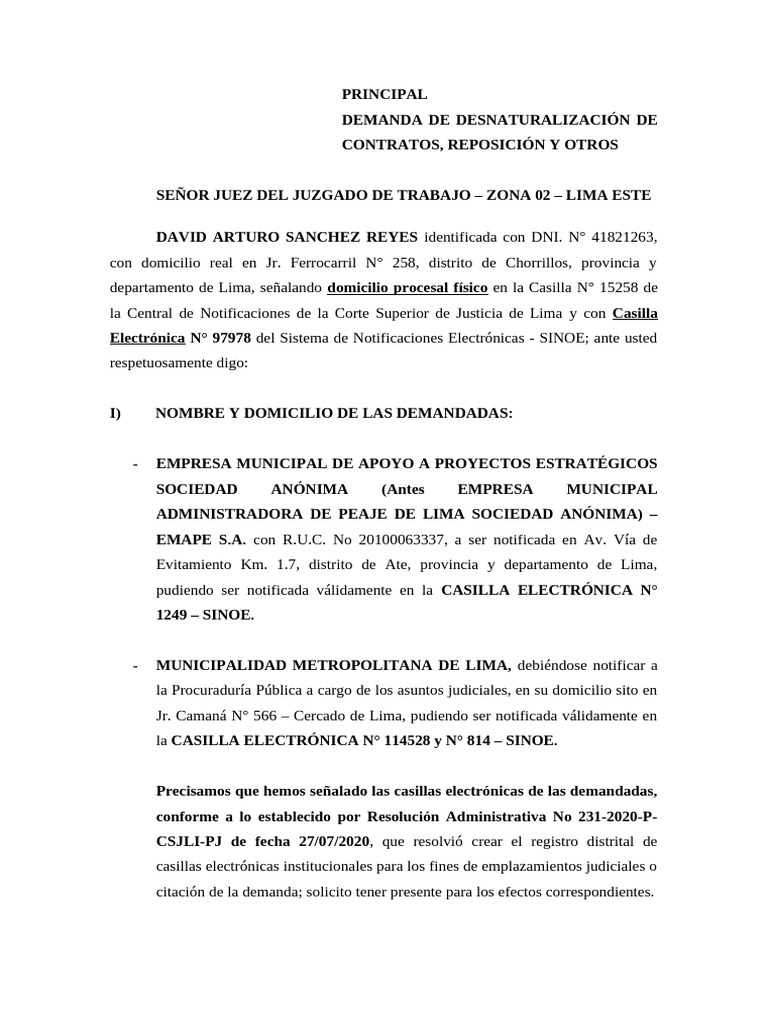 Demanda Desnaturalización de Contrato y Reposición DAVID SANCHEZ | PDF | Derecho laboral | Salario