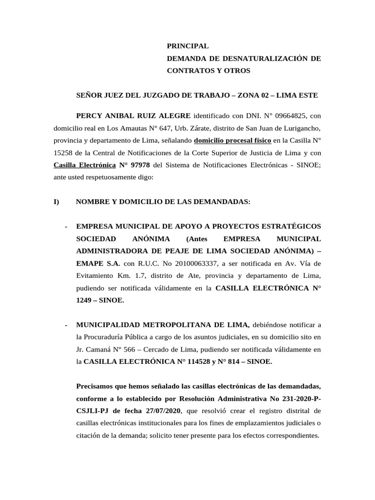 Demanda Desnaturalización de Contrato y Otros PERCY RUIZ | PDF | Derecho laboral | Daños y ...