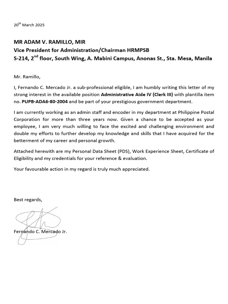 Application Letter Admin Aide Vi Pup | PDF
