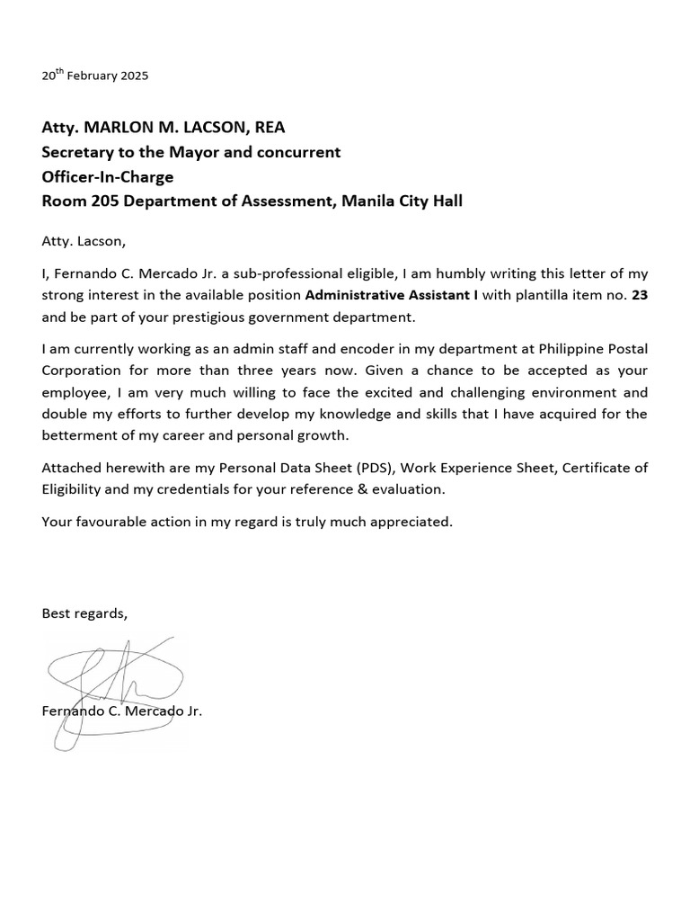 Application Letter Admin Assistant i Mch | PDF