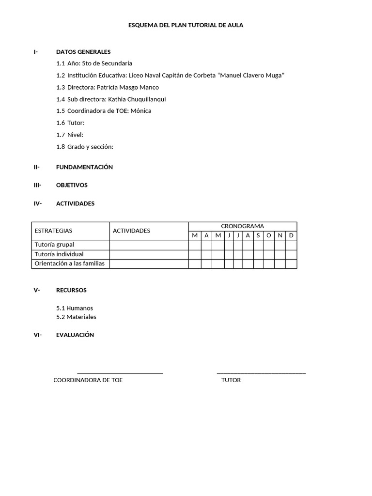 Esquema Del Plan Tutorial de Aula | PDF