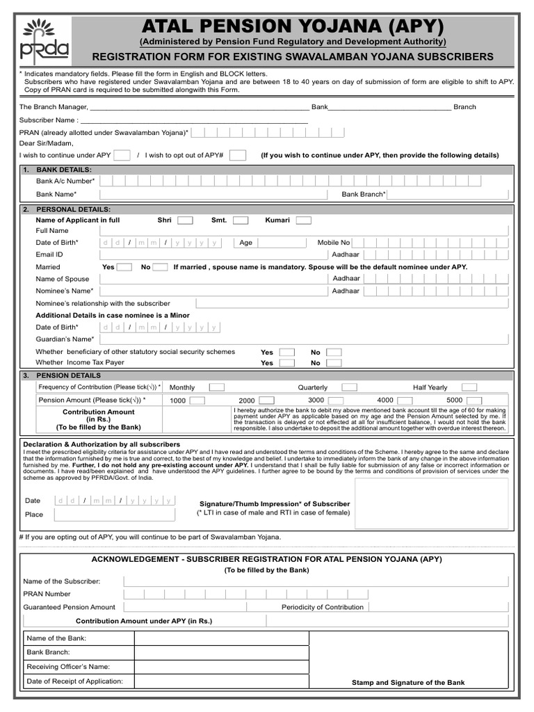 APY Subscriber Registration Form - Swavalamban Yojana Subscribers | PDF ...