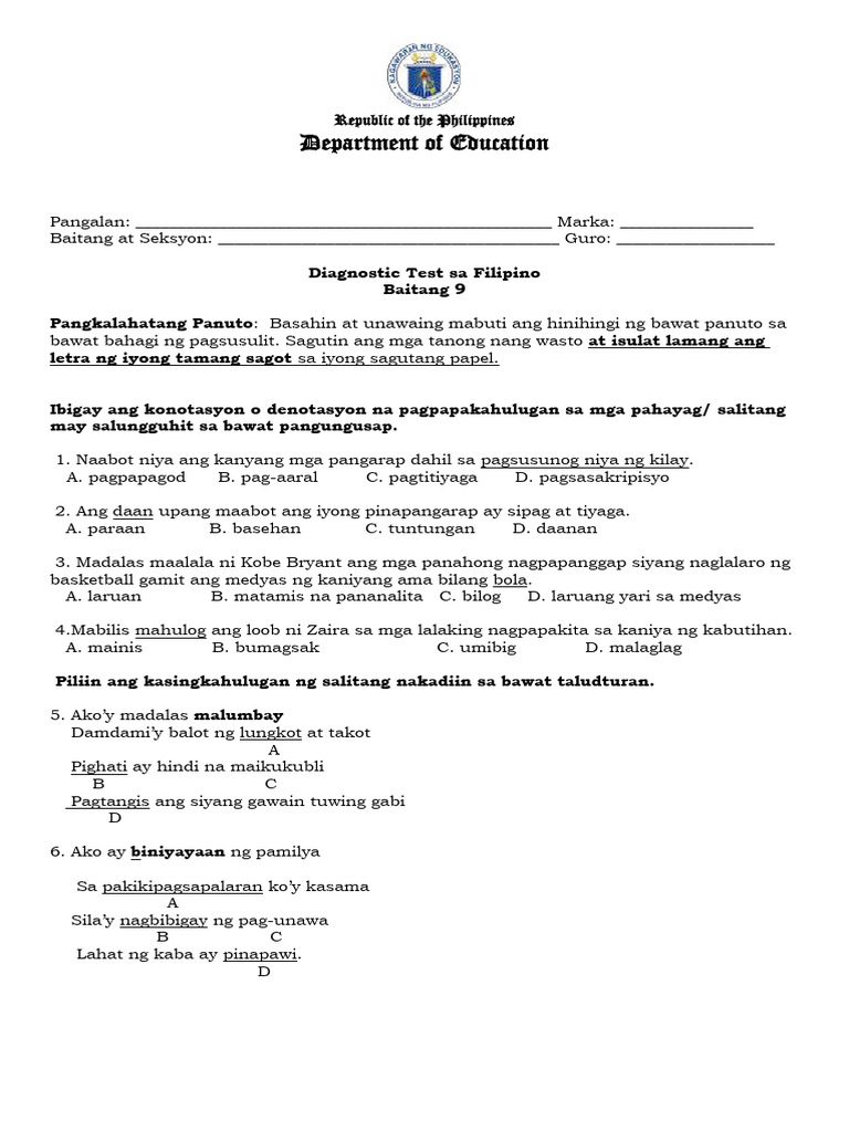 Filipino 9 - Diagnostic Test | PDF