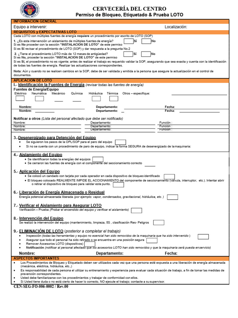 Procedimiento LOTO: Permiso y Pasos | PDF
