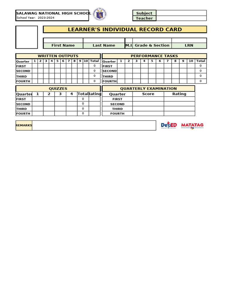 Learner's Individual Record Card 2023-2024 | PDF
