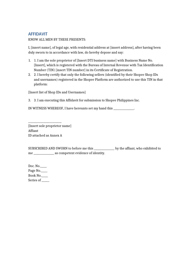 Affidavit of Sole Proprietorship for Shopee | PDF