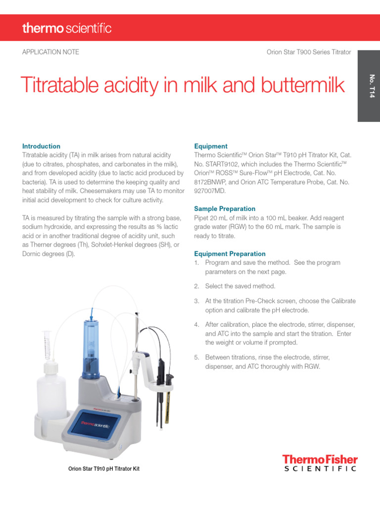 App Note T014 - T910 PH - Acidity of Milk | PDF | Titration | Chemistry
