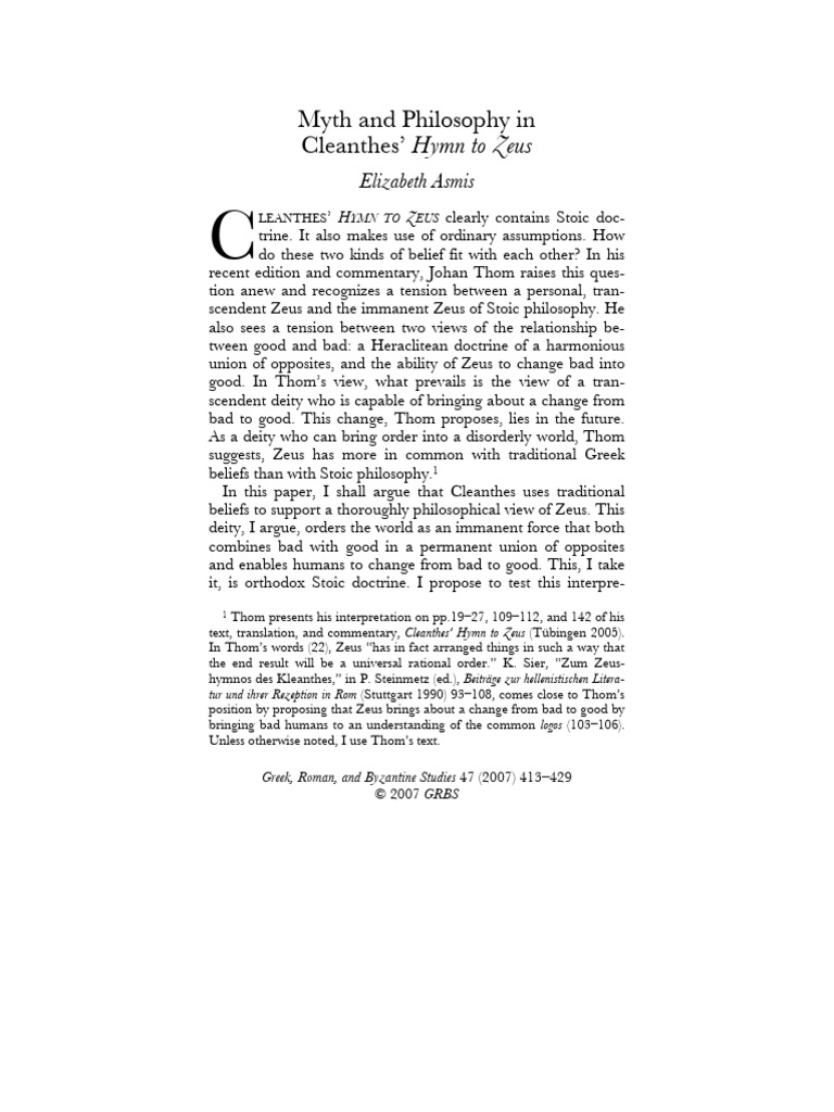 Elizabeth Asmis Hymn To Zeus | PDF | Stoicism | Logos
