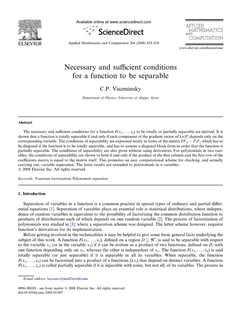 Necessary and sufficient conditions for a function to be separable | PDF | Matrix (Mathematics ...