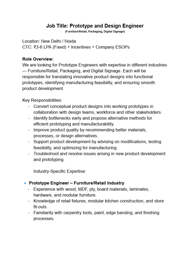 Prototype Engineer Job in New Delhi | PDF | Prototype