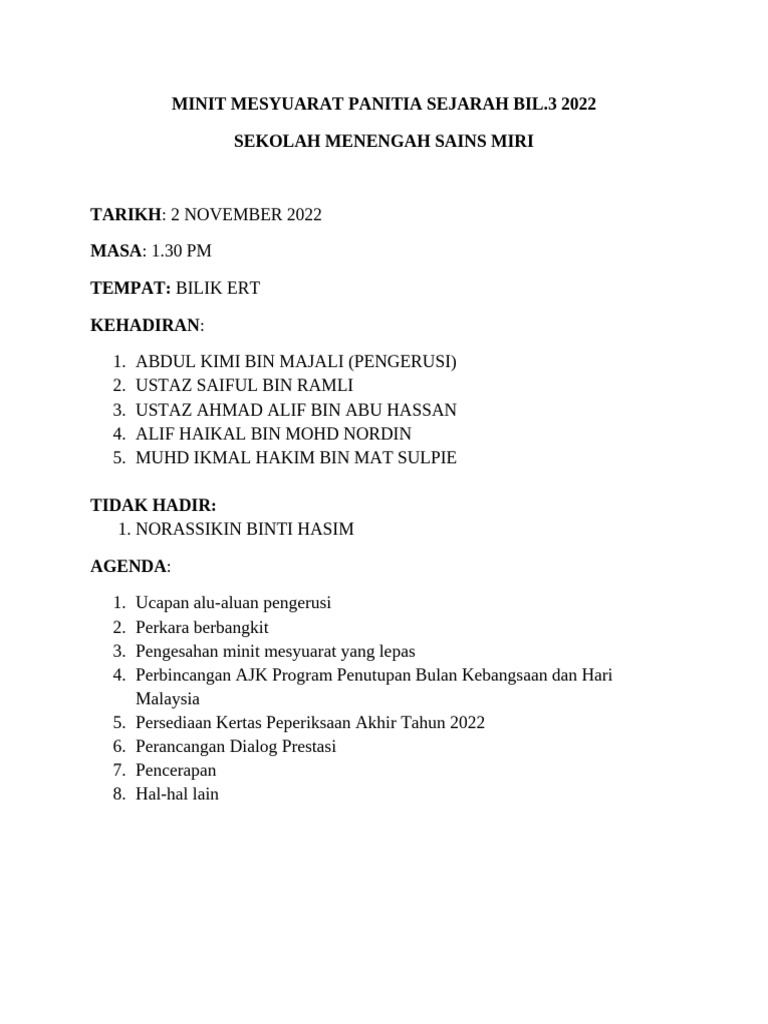 Minit Mesyuarat Panitia Sejarah Bil.3 2022 | PDF