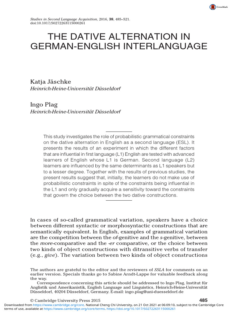 The Dative Alternation in German-English Interlanguage | PDF | Syntax | English Language