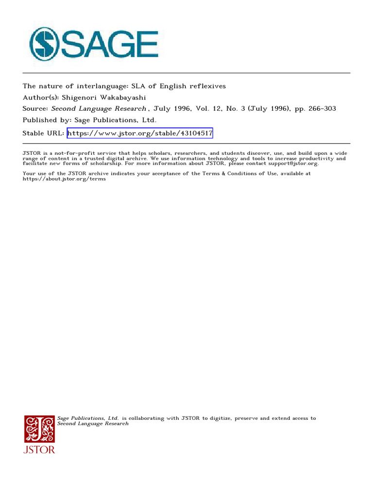 The Nature of Interlanguage: SLA of English Reflexives | PDF | Second ...
