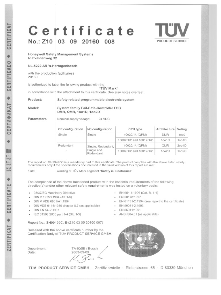 Certificado TUV Honeywell | PDF