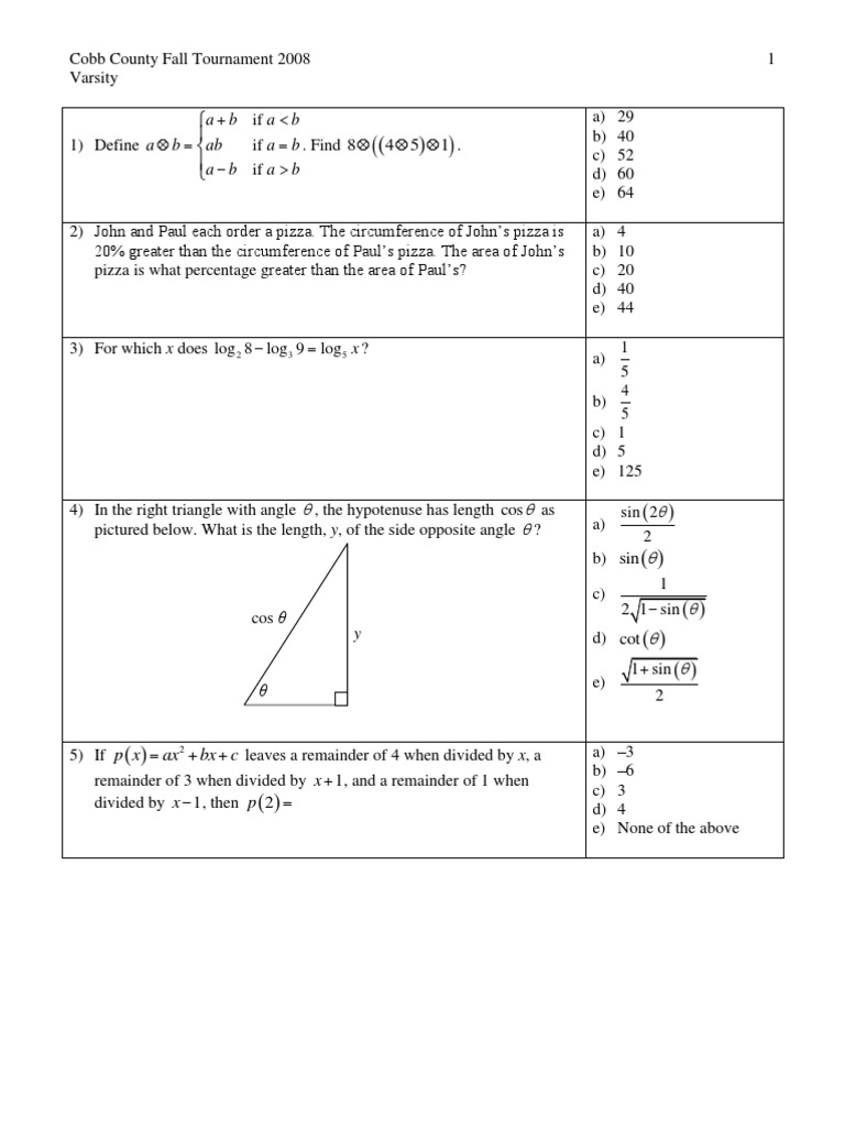 Varsity Test Fall 2008 | PDF | Polynomial | Mathematical Analysis