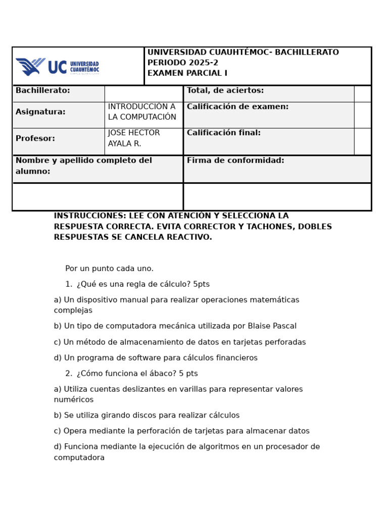 Examen Segundo Parcial de Introduccion A La Computación | PDF | Hardware de la computadora ...