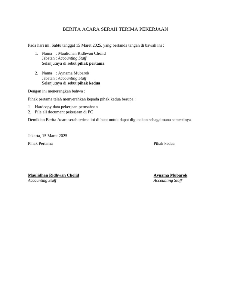 Hand Over Pekerjaan | PDF