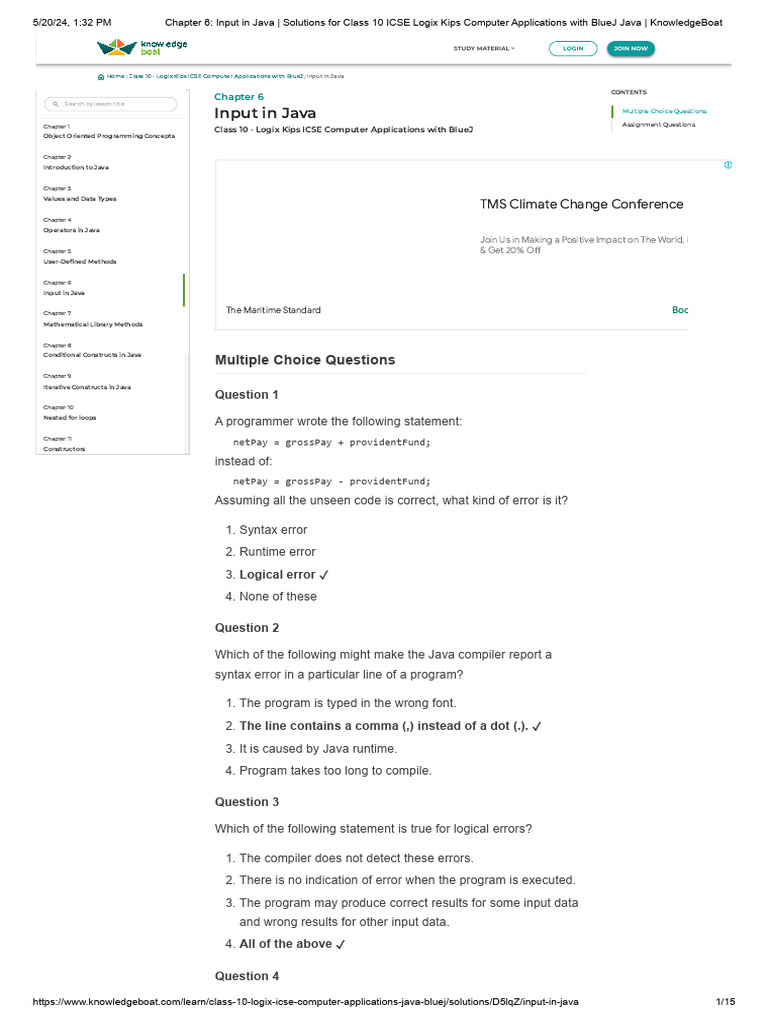 Chapter 6 - Input in Java - Solutions For Class 10 ICSE Logix Kips Computer Applications With ...