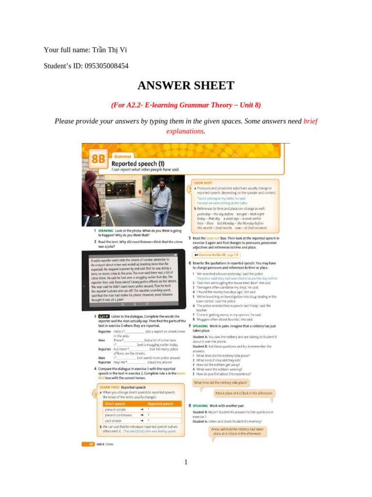 A2.2-E-learning Grammar Theory - Unit 8 (Answer Sheet) | PDF | Crimes ...