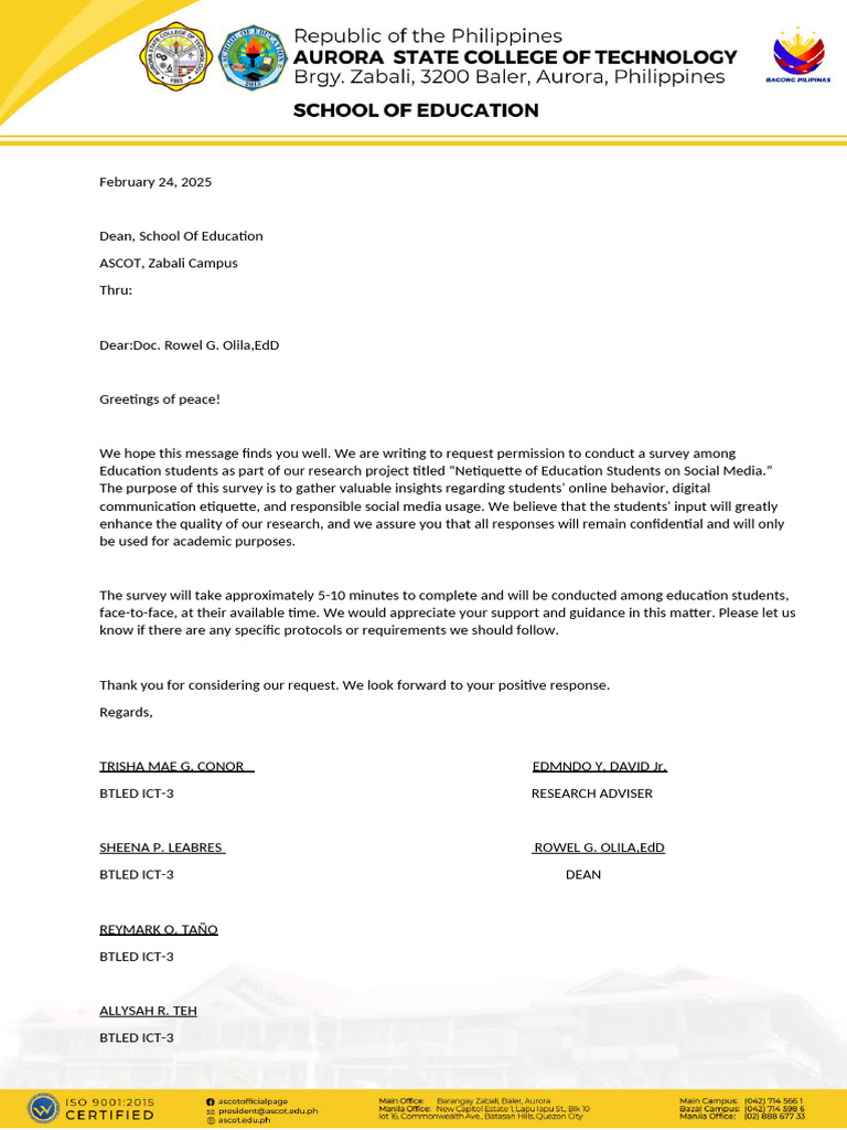 Letter Request For Survey | PDF