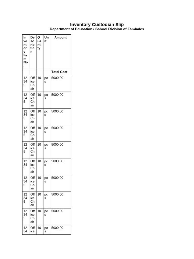 Inventory Custodian Slip Template | PDF