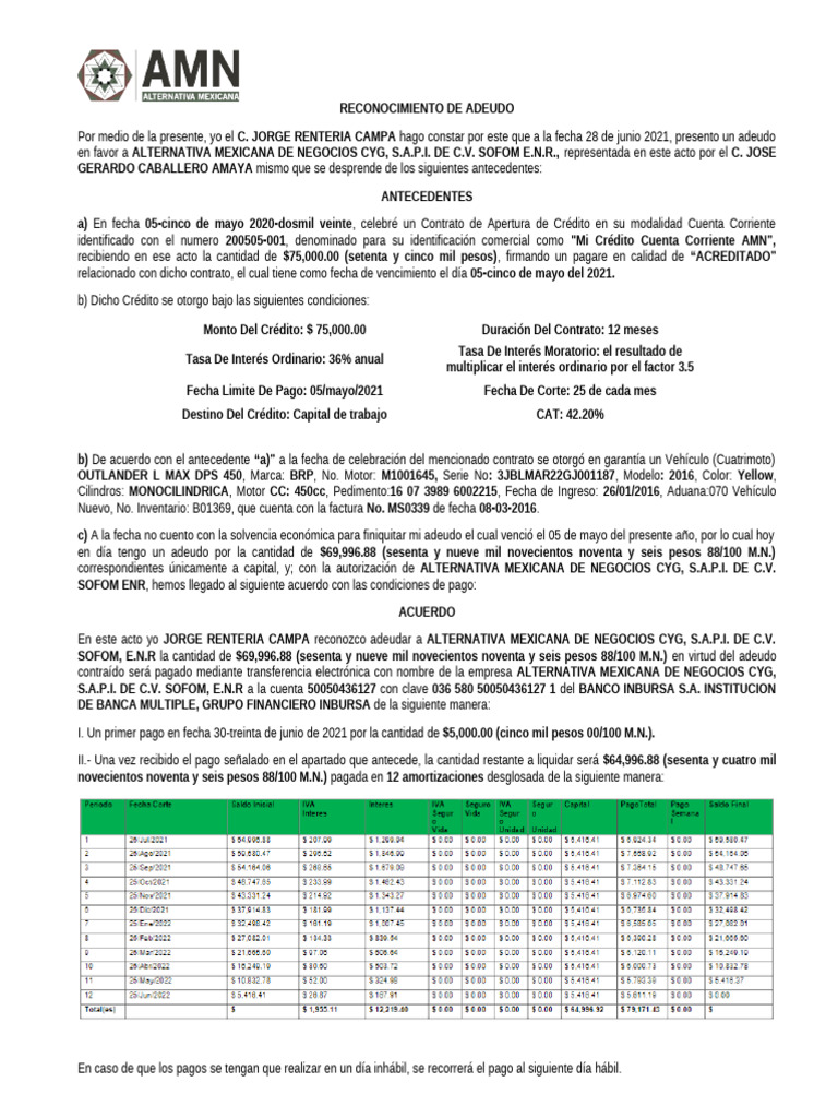 CARTA DE RECONOCIMIENTO DE ADEUDO JORGE RENTERIA | PDF | Business | Dinero